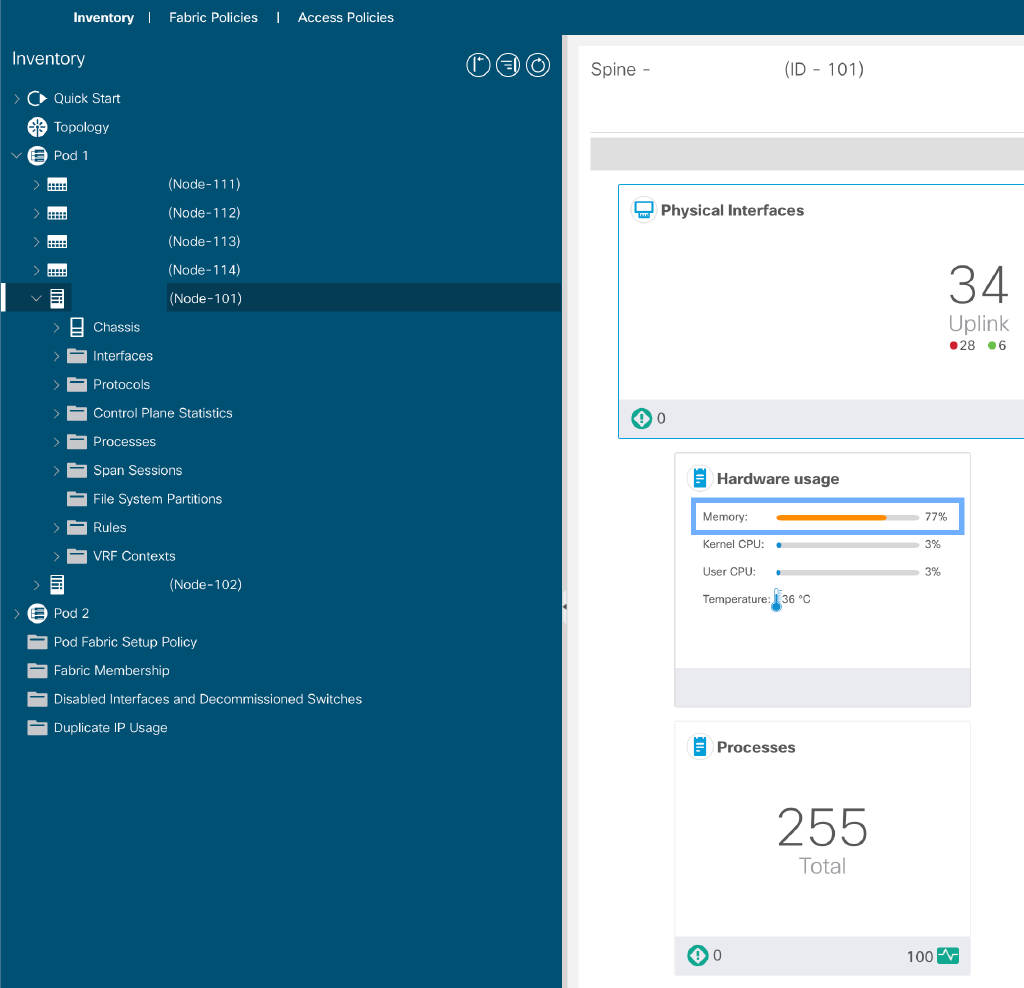 ACI - How to show memory information for Leaf/Spines?